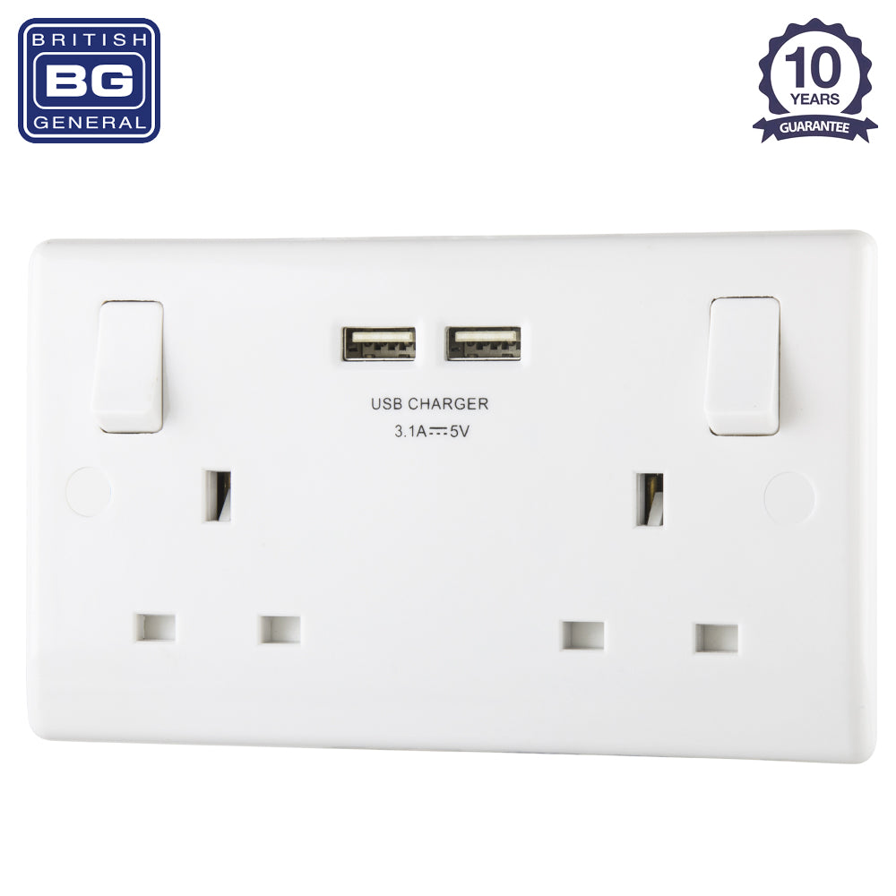 British General | 822U3 | Moulded 13 Amp Power Double Socket with USB ...